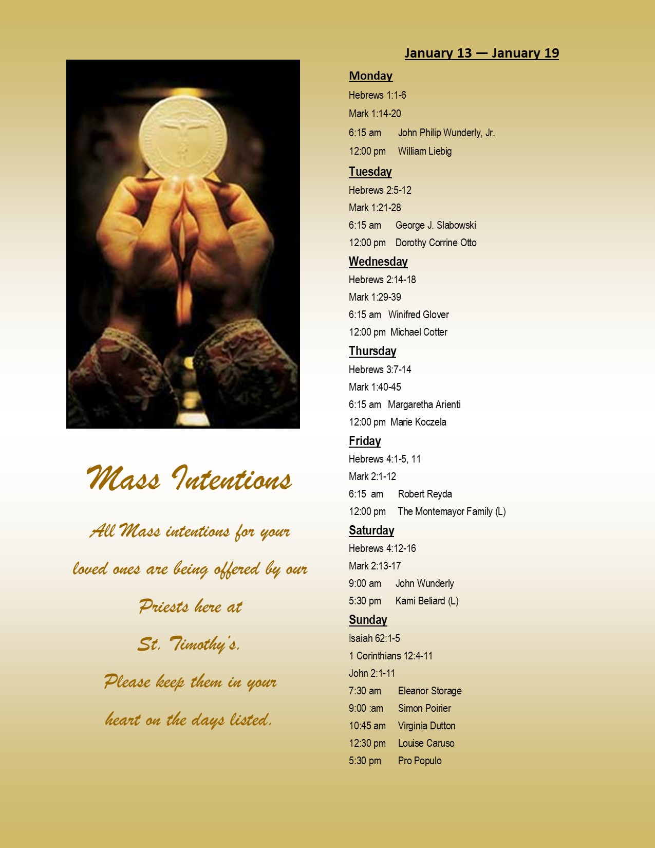 Mass Intentions - Saint Timothy Catholic Church